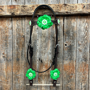 Black Basketweave Neon Green - AB Browband/One Ear Tack Set #BBBC600