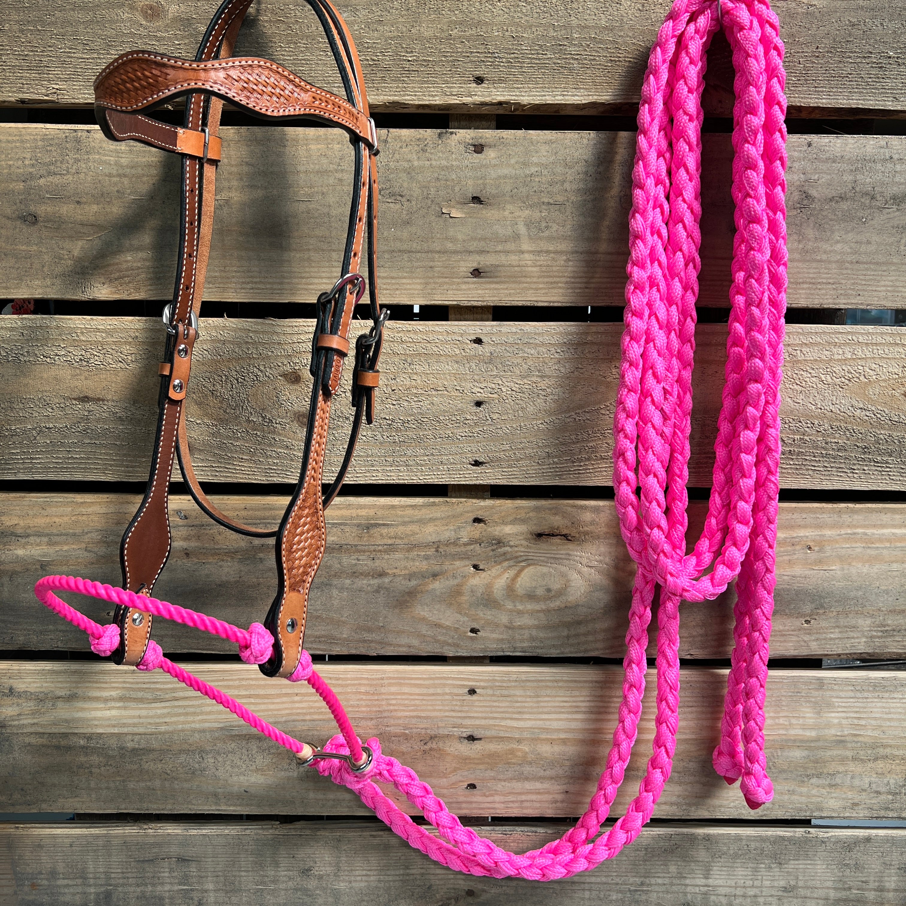 Light Oil Basketweave Neon Pink Loping Hackamore | Western Horse Tack