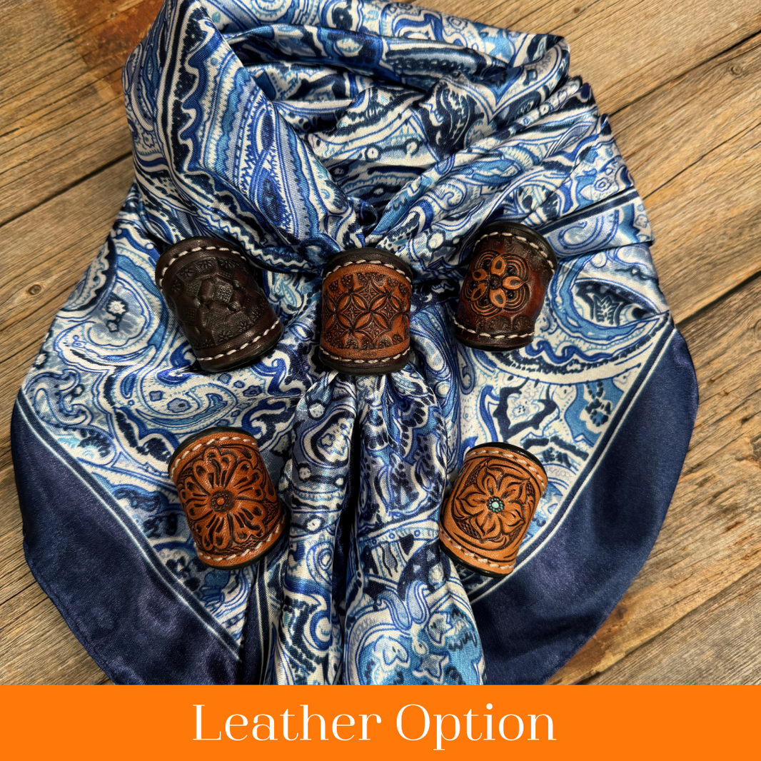 Two-Tone Navy Paisley Wild Rag Scarf with Tooled Leather Slide | 35x35 ...